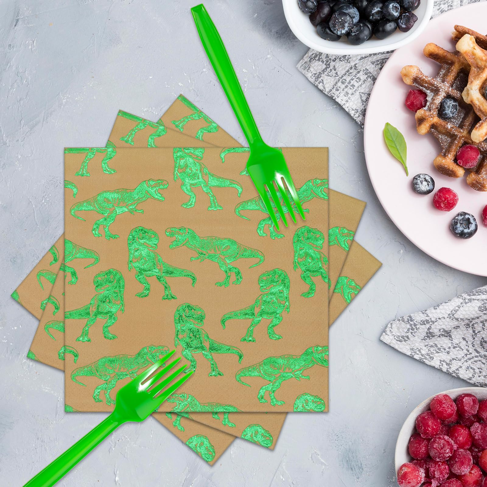 DYLIVeS Green Foil Dinosaur Birthday Party Decorations,Rawr Dinosaur Disposable Tableware Set Dinosaur Rex Party Supplies for Boys, 9'' Dinosaur Dinner Plates and Napkins Cups Forks Set, Serves 24