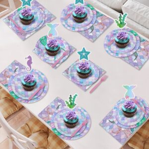 Mermaid Paper Plates and Napkins for Kids Party Purple Mermaid Tail Theme Plates Forks Set Disposable Tableware Girls Birthday Dessert Tea Party Decoration Under the Sea Supplies