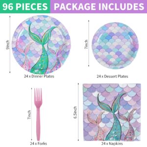 Mermaid Paper Plates and Napkins for Kids Party Purple Mermaid Tail Theme Plates Forks Set Disposable Tableware Girls Birthday Dessert Tea Party Decoration Under the Sea Supplies