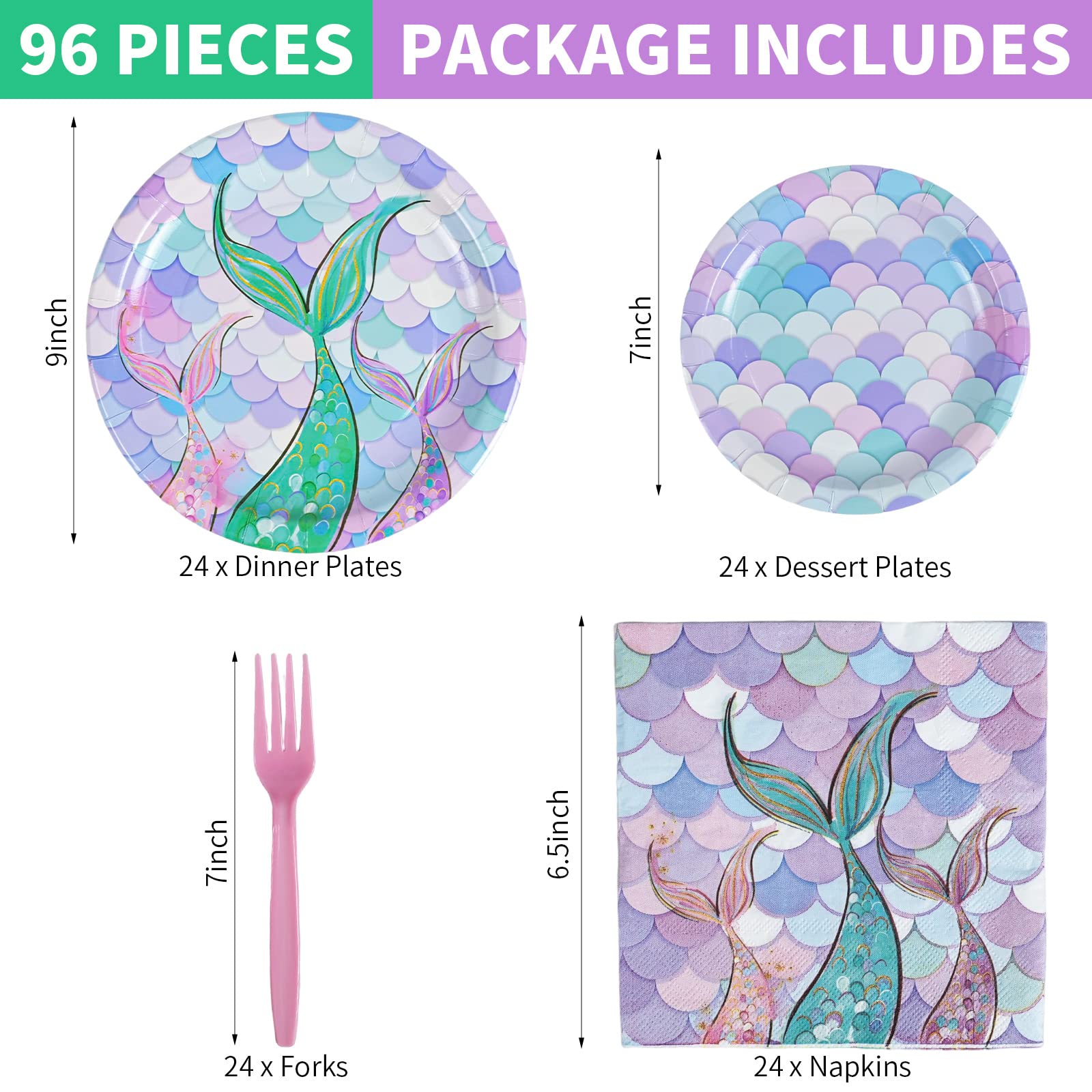 Mermaid Paper Plates and Napkins for Kids Party Purple Mermaid Tail Theme Plates Forks Set Disposable Tableware Girls Birthday Dessert Tea Party Decoration Under the Sea Supplies