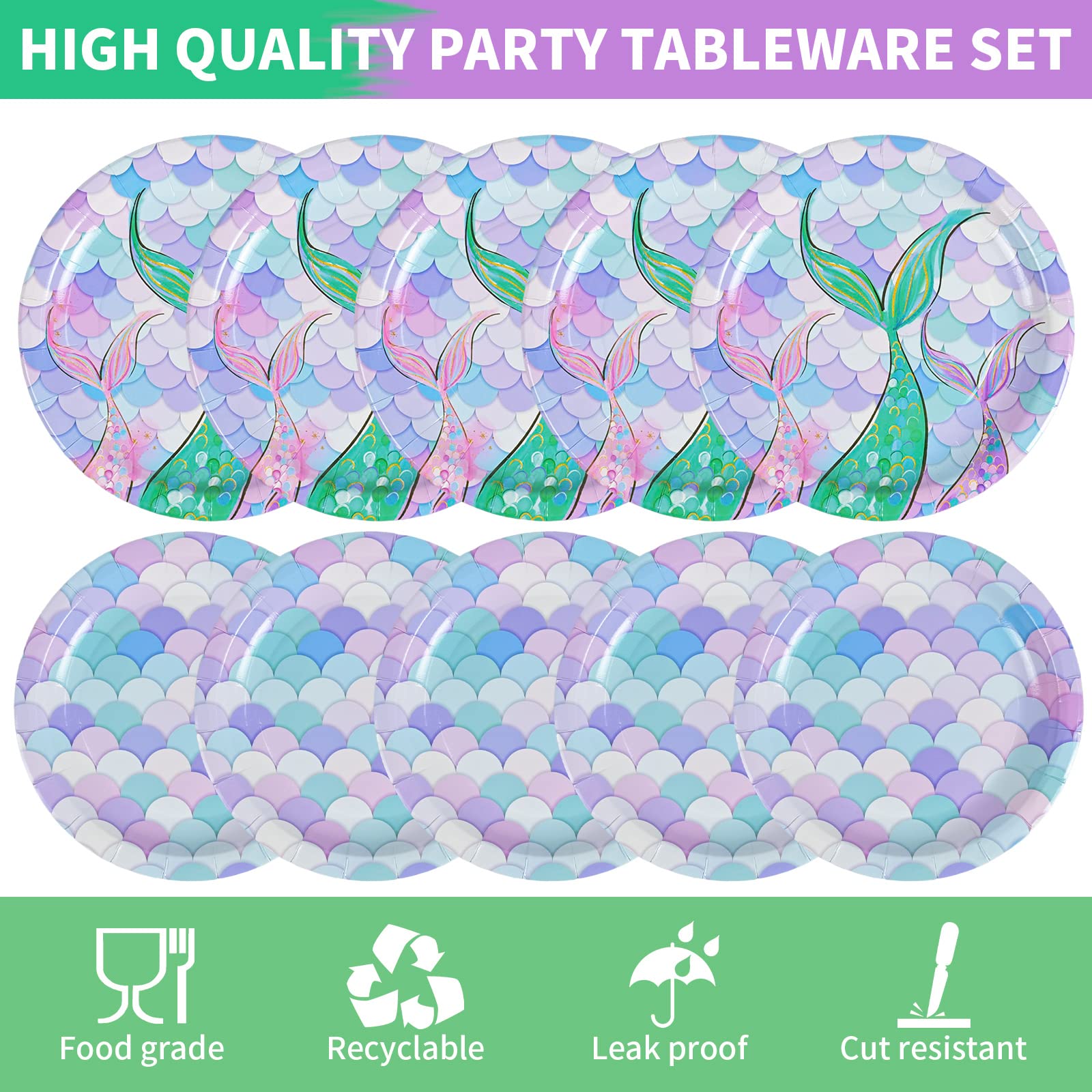 Mermaid Paper Plates and Napkins for Kids Party Purple Mermaid Tail Theme Plates Forks Set Disposable Tableware Girls Birthday Dessert Tea Party Decoration Under the Sea Supplies