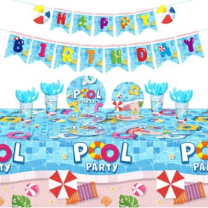 nuanchu 172 pcs pool party supplies serves 24 include summer beach tablecloth pool party birthday banner beach themed party plates and napkins tableware set for beach ball birthday pool party decor