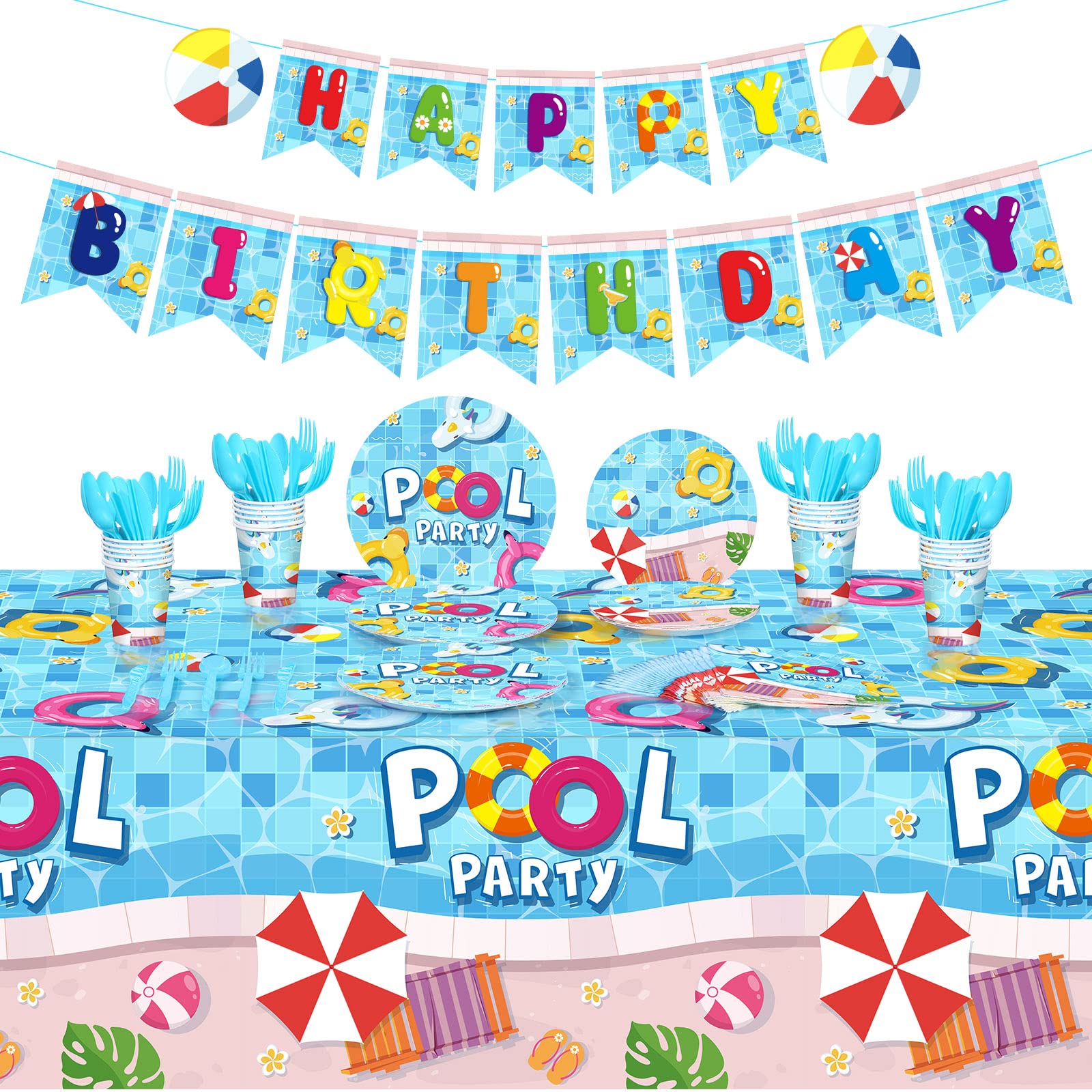 Nuanchu 172 Pcs Pool Party Supplies Serves 24 Include Summer Beach Tablecloth Pool Party Birthday Banner Beach Themed Party Plates and Napkins Tableware Set for Beach Ball Birthday Pool Party Decor