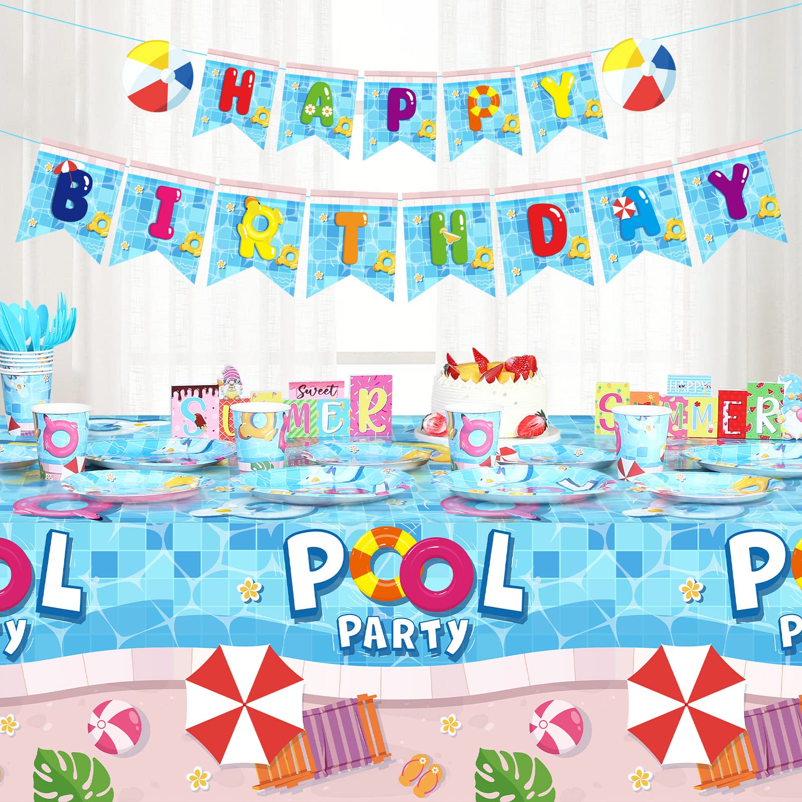 Nuanchu 172 Pcs Pool Party Supplies Serves 24 Include Summer Beach Tablecloth Pool Party Birthday Banner Beach Themed Party Plates and Napkins Tableware Set for Beach Ball Birthday Pool Party Decor