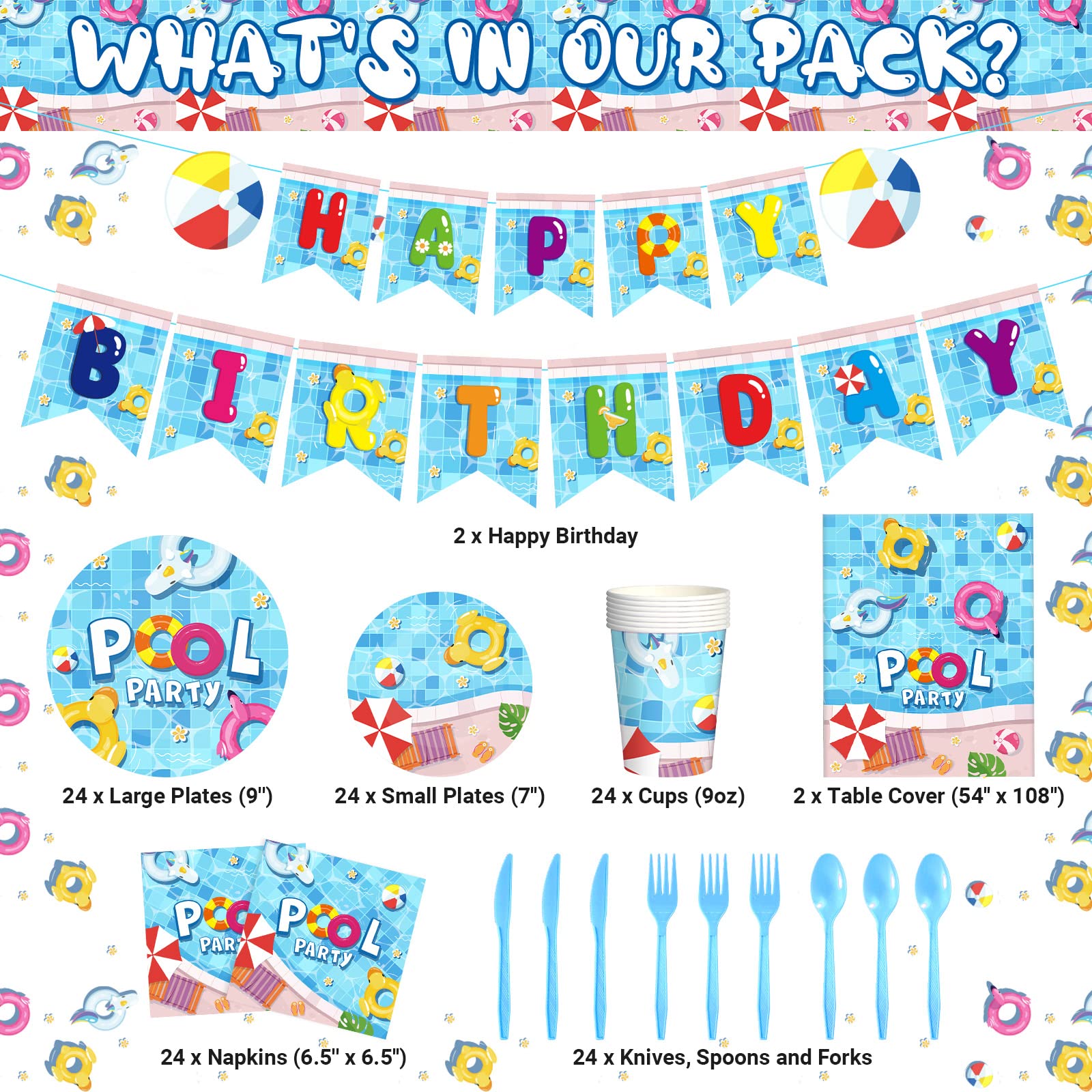 Nuanchu 172 Pcs Pool Party Supplies Serves 24 Include Summer Beach Tablecloth Pool Party Birthday Banner Beach Themed Party Plates and Napkins Tableware Set for Beach Ball Birthday Pool Party Decor