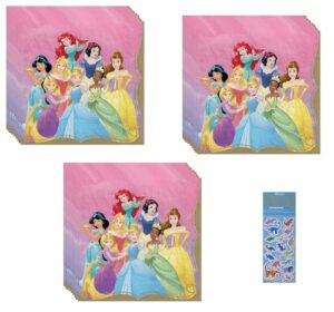 disney princess party supplies bundle pack includes 48 paper napkins and 1 dinosaur sticker sheet