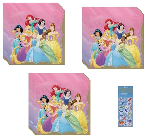 Disney Princess Party Supplies Bundle Pack includes 48 Paper Napkins and 1 Dinosaur Sticker Sheet