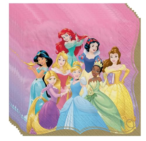 Disney Princess Party Supplies Bundle Pack includes 48 Paper Napkins and 1 Dinosaur Sticker Sheet