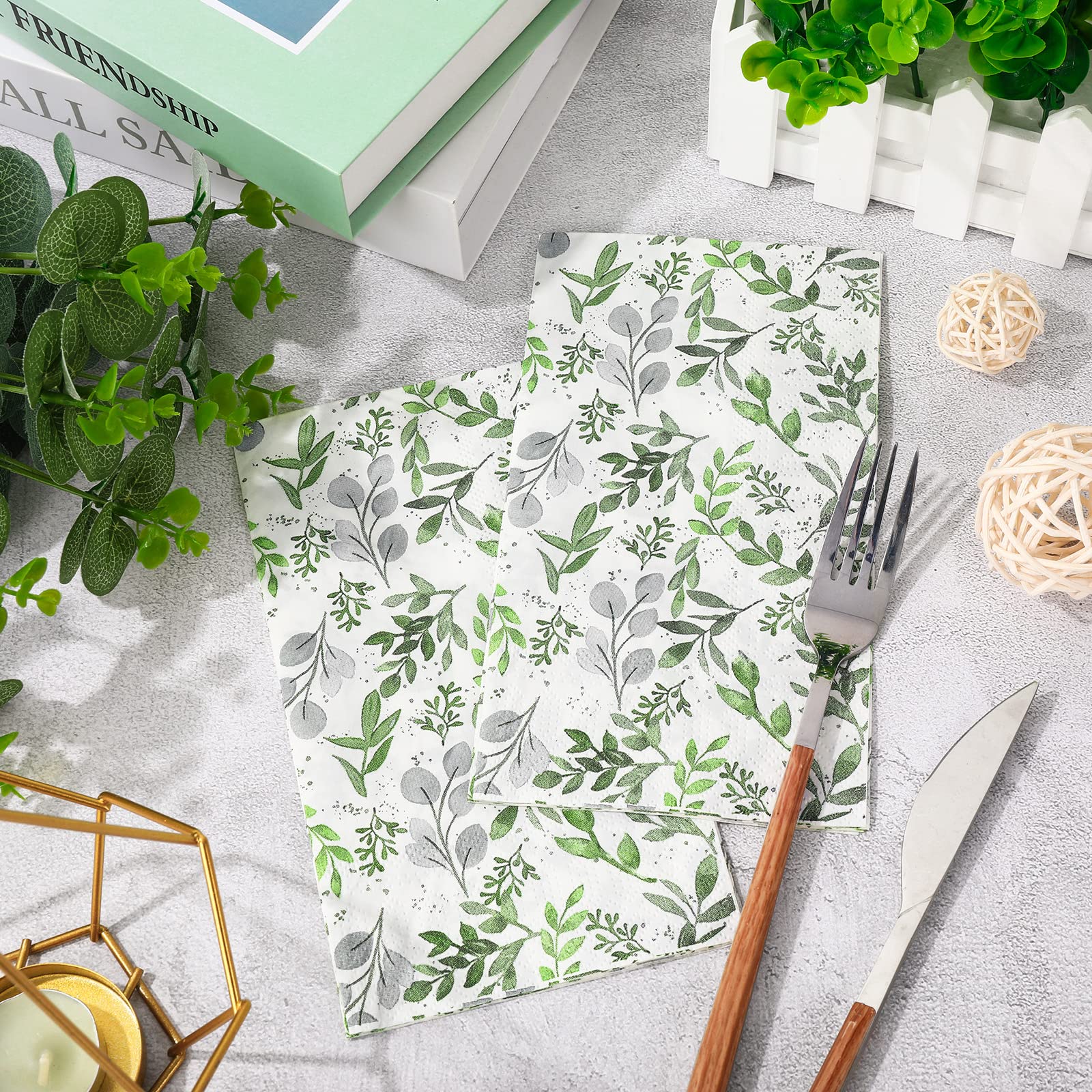 AnyDesign Greenery Guest Napkins 3 Ply Disposable Green Leaves Napkins Spring Summer Plants Dinner Hand Napkin for Wedding Baby Shower Party Supplies Kitchen Bathroom Table Decor, 80 Pack