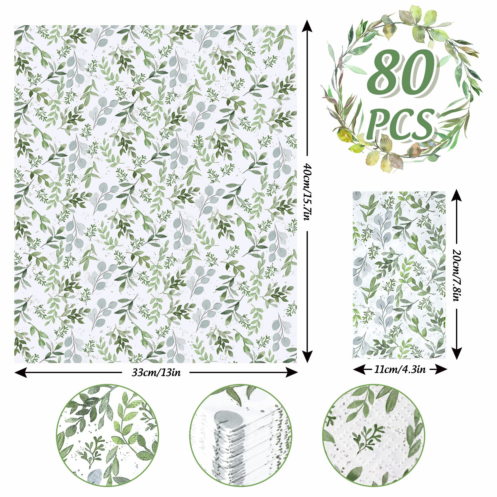 AnyDesign Greenery Guest Napkins 3 Ply Disposable Green Leaves Napkins Spring Summer Plants Dinner Hand Napkin for Wedding Baby Shower Party Supplies Kitchen Bathroom Table Decor, 80 Pack