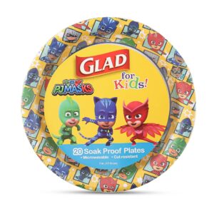 glad for kids 7 inch pj masks comics paper plates, 20 ct | disposable paper plates with pj masks superhero comics design | heavy duty soak proof microwavable paper plates for everyday use