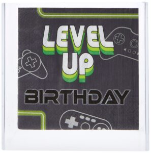 green & black "level up" paper luncheon napkins, 6.5" (16-pack) - disposable party tableware for kids birthday & fun events