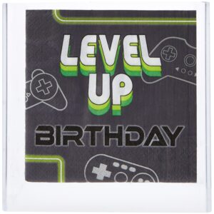 Green & Black "Level Up" Paper Luncheon Napkins, 6.5" (16-Pack) - Disposable Party Tableware for Kids Birthday & Fun Events