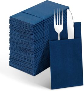 linen-feel navy blue paper napkins, 50 pcs cloth like dinner napkins with built-in flatware pocket, pre-folded absorbent napkins disposable guest paper hand towels for bathroom, weddings party napkins