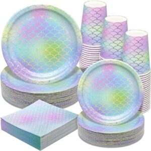 tiblue mermaid party supplies - 200pcs disposable paper dinnerware set with litthe mermaid dinner plates dessert plates cups napkins for girl birthday baby shower ocean theme summer graduation party