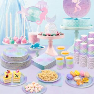 Tiblue Mermaid Party Supplies - 200PCS Disposable Paper Dinnerware Set with Litthe Mermaid Dinner Plates Dessert Plates Cups Napkins for Girl Birthday Baby Shower Ocean Theme Summer Graduation Party