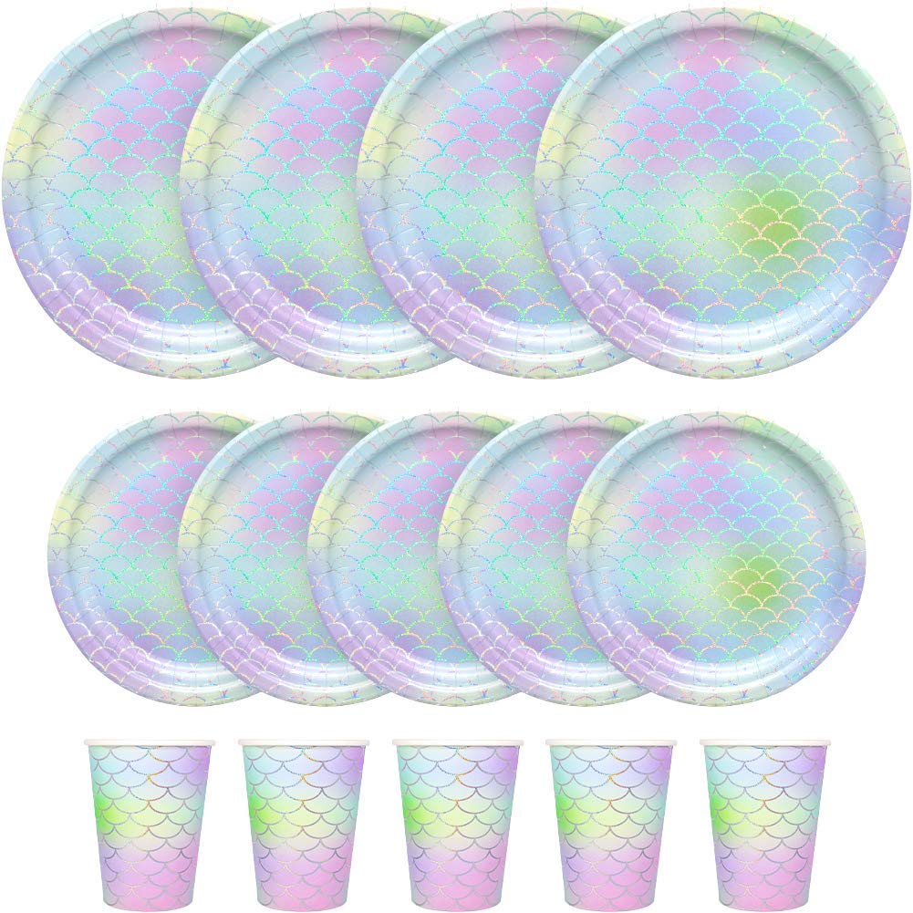 Tiblue Mermaid Party Supplies - 200PCS Disposable Paper Dinnerware Set with Litthe Mermaid Dinner Plates Dessert Plates Cups Napkins for Girl Birthday Baby Shower Ocean Theme Summer Graduation Party