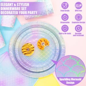 Tiblue Mermaid Party Supplies - 200PCS Disposable Paper Dinnerware Set with Litthe Mermaid Dinner Plates Dessert Plates Cups Napkins for Girl Birthday Baby Shower Ocean Theme Summer Graduation Party