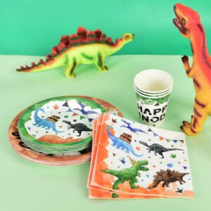 Watercolor Dinosaur Party Supplies - Disposable Dinosaur Party Tableware for Kids Boys Birthday Includes Luncheon Dinner Dessert Plates Napkins Paper Cups Serves 16 Guests 64 PCS