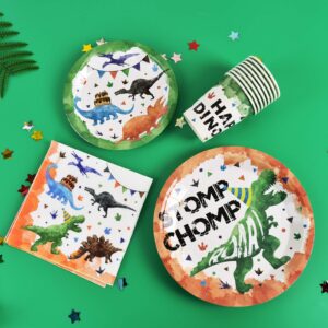 Watercolor Dinosaur Party Supplies - Disposable Dinosaur Party Tableware for Kids Boys Birthday Includes Luncheon Dinner Dessert Plates Napkins Paper Cups Serves 16 Guests 64 PCS