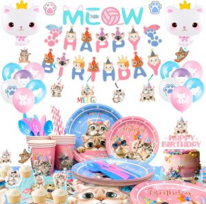 cat birthday party supplies,178pcs cat party decorations&tableware set-kitten birthday party decorations balloons banner&cat party plates cups napkins tablecloth etc cat themed birthday party supplies