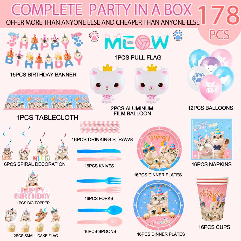 Cat Birthday Party Supplies,178pcs Cat Party Decorations&Tableware Set-Kitten Birthday Party Decorations Balloons Banner&Cat Party Plates Cups Napkins Tablecloth etc Cat Themed Birthday Party Supplies