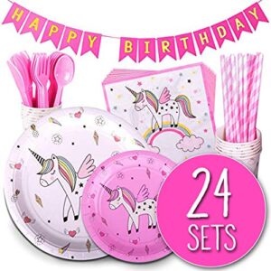 spoleto group unicorn party supplies, birthday party supplies and decorations, happy birthday banner, serves 24 guests