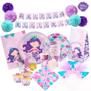 202 pcs mermaid birthday decorations serves 16 guests - mermaid party decorations - plates, napkins, utensils, goodie bags, cupcake toppers wrapper and headband