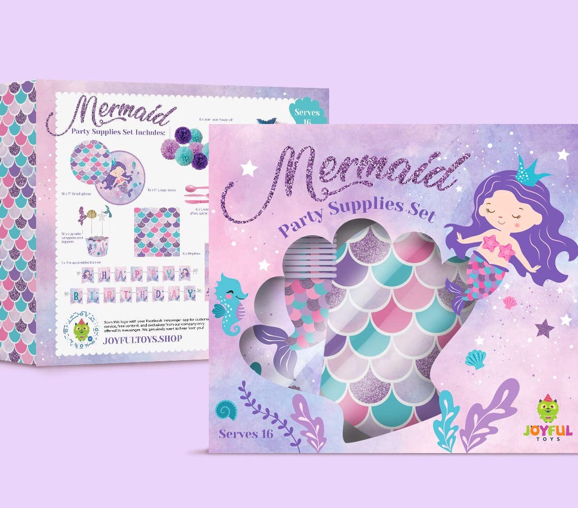 202 Pcs Mermaid Birthday Decorations Serves 16 Guests - Mermaid Party Decorations - Plates, Napkins, Utensils, Goodie Bags, Cupcake Toppers Wrapper and Headband