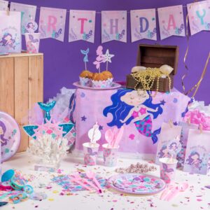 202 Pcs Mermaid Birthday Decorations Serves 16 Guests - Mermaid Party Decorations - Plates, Napkins, Utensils, Goodie Bags, Cupcake Toppers Wrapper and Headband