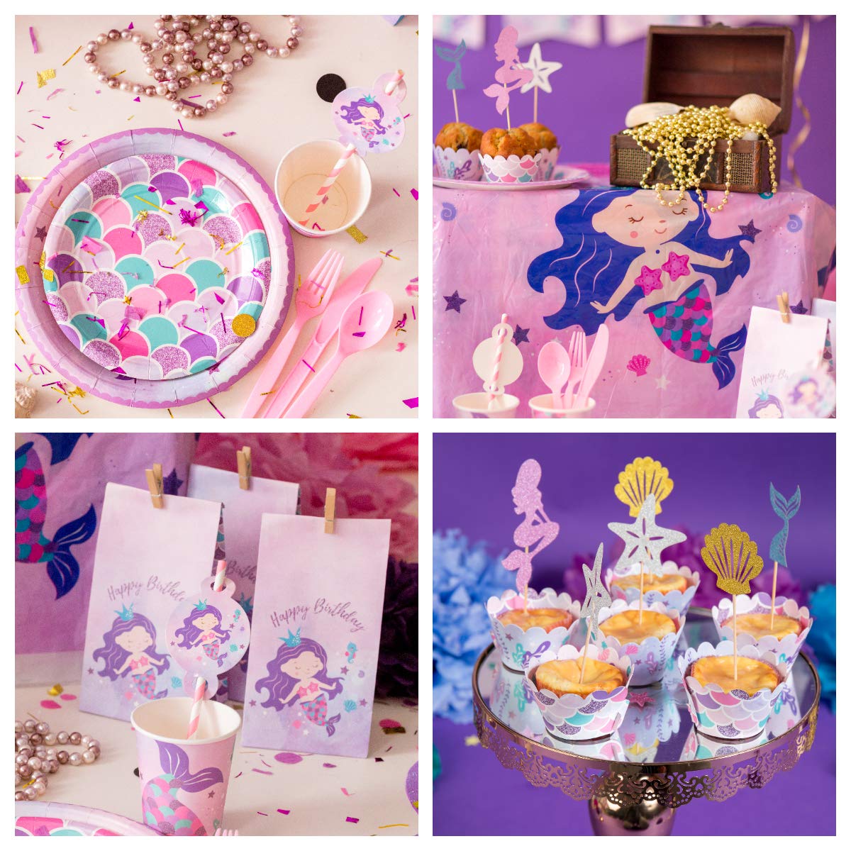 202 Pcs Mermaid Birthday Decorations Serves 16 Guests - Mermaid Party Decorations - Plates, Napkins, Utensils, Goodie Bags, Cupcake Toppers Wrapper and Headband