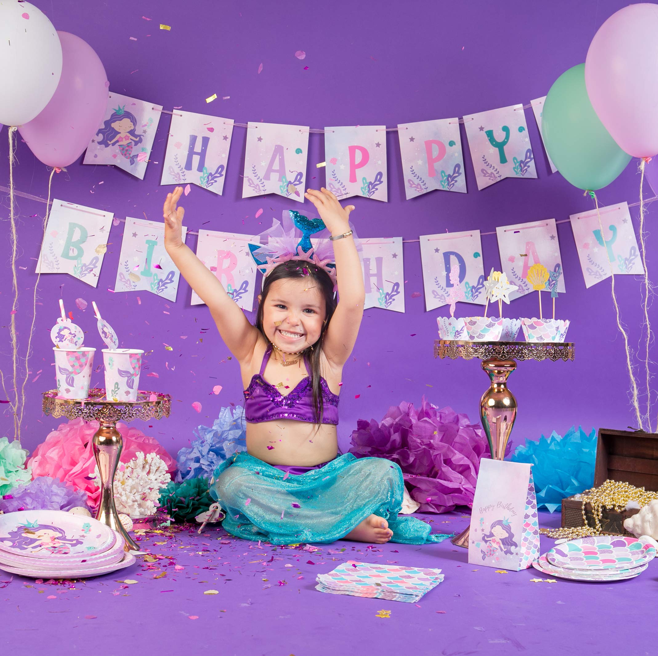 202 Pcs Mermaid Birthday Decorations Serves 16 Guests - Mermaid Party Decorations - Plates, Napkins, Utensils, Goodie Bags, Cupcake Toppers Wrapper and Headband