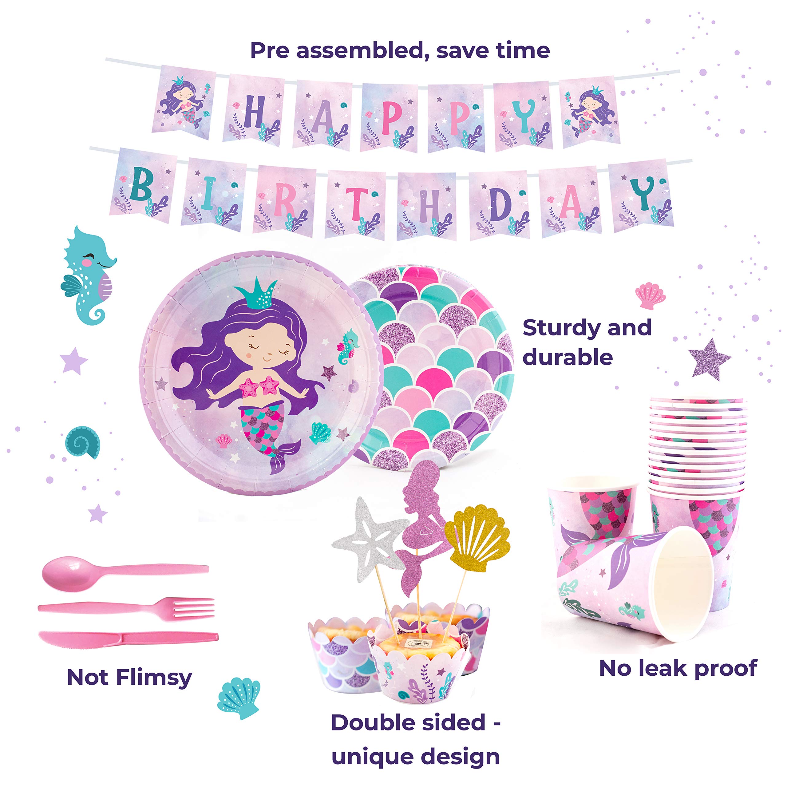 202 Pcs Mermaid Birthday Decorations Serves 16 Guests - Mermaid Party Decorations - Plates, Napkins, Utensils, Goodie Bags, Cupcake Toppers Wrapper and Headband