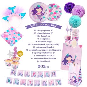 202 Pcs Mermaid Birthday Decorations Serves 16 Guests - Mermaid Party Decorations - Plates, Napkins, Utensils, Goodie Bags, Cupcake Toppers Wrapper and Headband