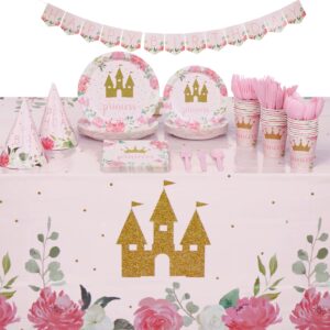 blue panda 194-piece princess birthday party decorations, pink dinnerware set with plates, napkins, cups, tablecloth, cutlery, banner, and hats (serves 24)