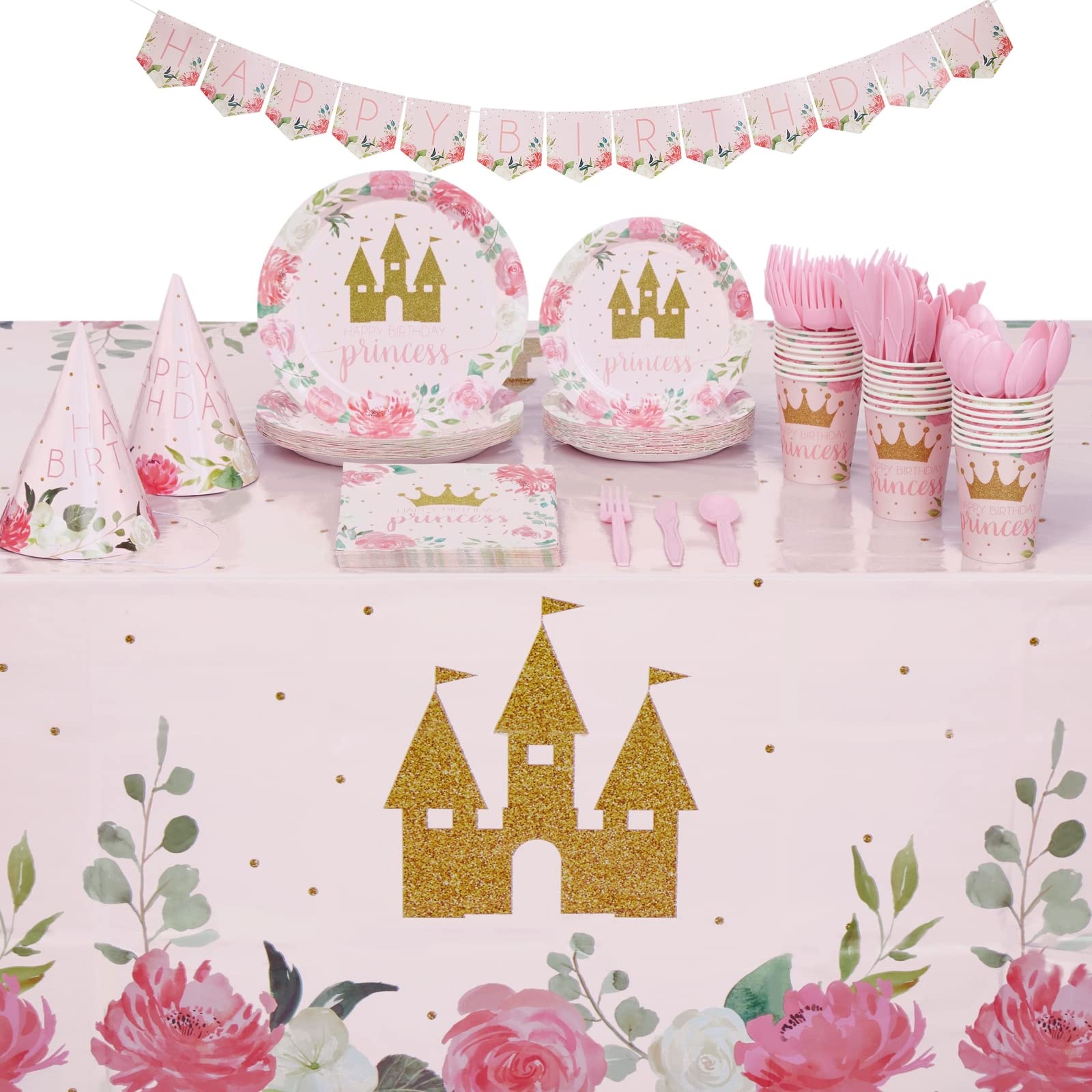 BLUE PANDA 194-Piece Princess Birthday Party Decorations, Pink Dinnerware Set with Plates, Napkins, Cups, Tablecloth, Cutlery, Banner, and Hats (Serves 24)