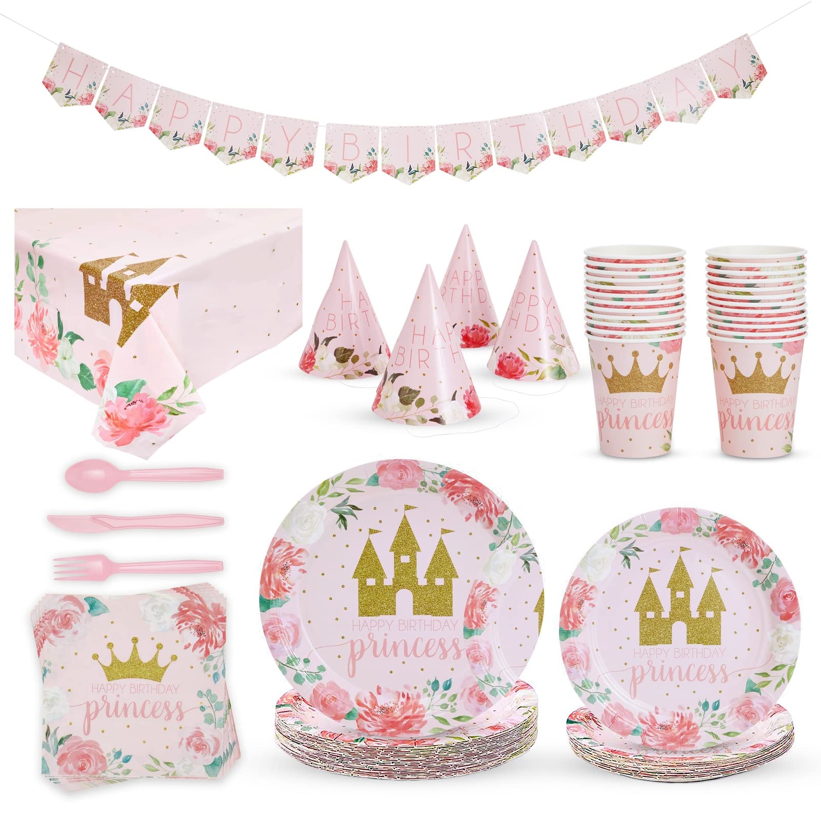 BLUE PANDA 194-Piece Princess Birthday Party Decorations, Pink Dinnerware Set with Plates, Napkins, Cups, Tablecloth, Cutlery, Banner, and Hats (Serves 24)