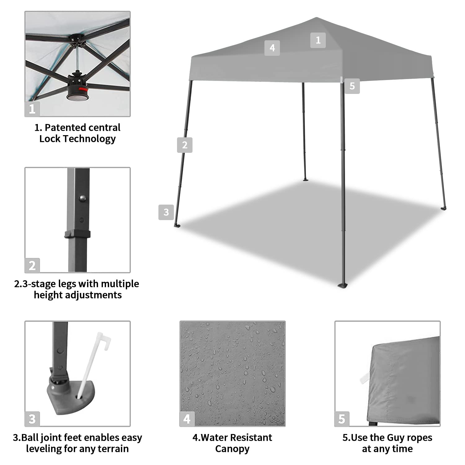 Crown Shades 8' x 8' Base 6.5' x 6.5' Top Telescoping Slant Leg Outdoor Instant Pop-Up Portable Waterproof Shade Folding Canopy with Carry Bag, Gray