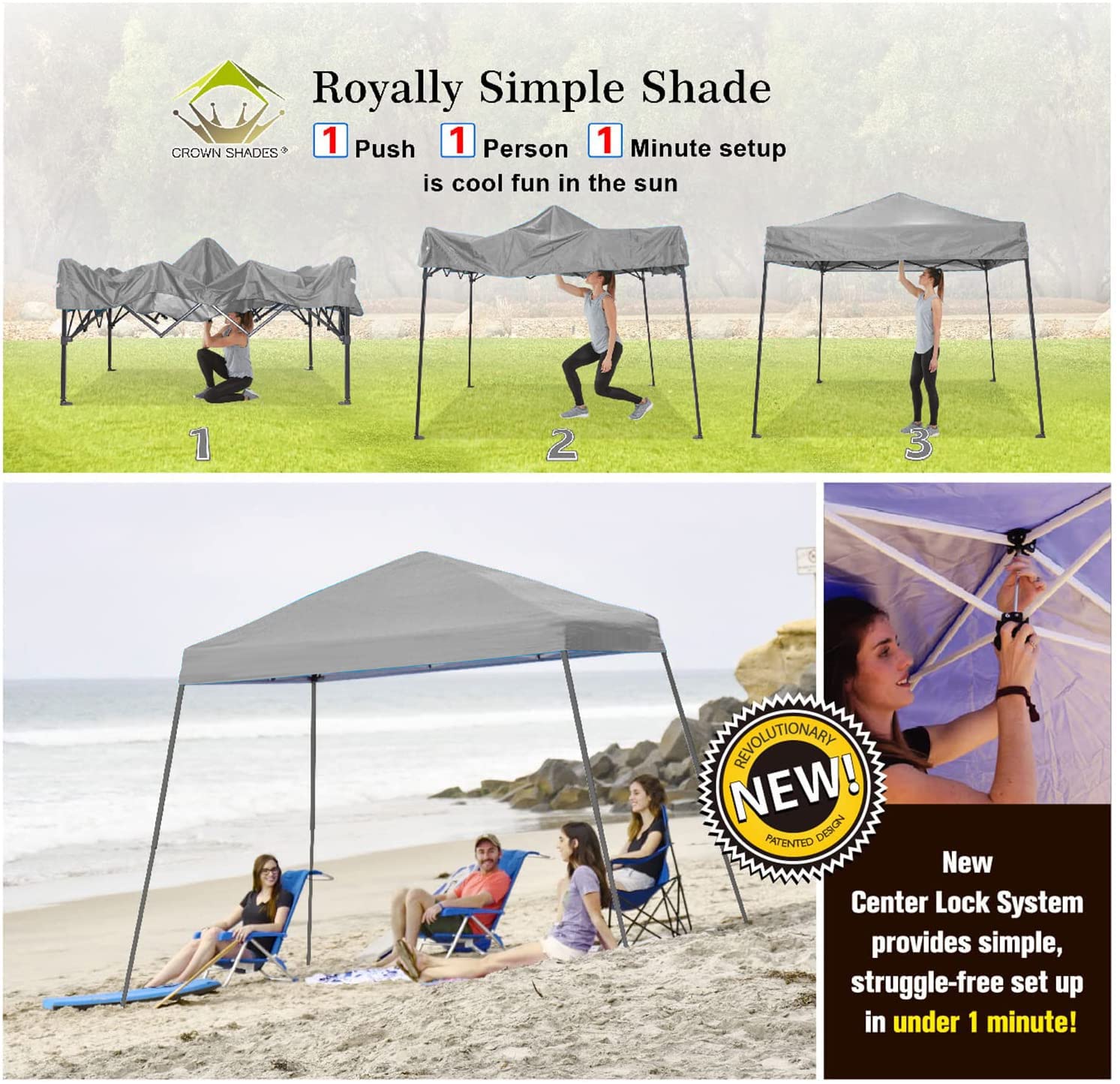 Crown Shades 8' x 8' Base 6.5' x 6.5' Top Telescoping Slant Leg Outdoor Instant Pop-Up Portable Waterproof Shade Folding Canopy with Carry Bag, Gray