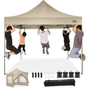 cobizi 10x10 pop up canopy tent with 4 sidewalls commercial heavy duty canopy upf 50+ all weather waterproof outdoor canopy wedding tents for parties gazebo with roller bag, khaki (windproof upgraded)