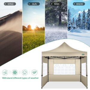 COBIZI 10x10 Pop Up Canopy Tent with 4 sidewalls Commercial Heavy Duty Canopy UPF 50+ All Weather Waterproof Outdoor Canopy Wedding Tents for Parties Gazebo with Roller Bag, Khaki (Windproof Upgraded)