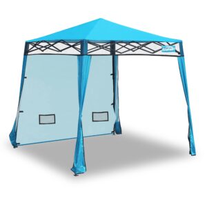 ezyfast compact pop up canopy tent, collapsible instant shelter, portable sports cabana, with built-in weight bags, 8 x 8 ft base / 6 x 6 ft top for camping,hiking,fishing,family outings (mosaic blue)