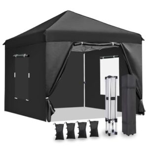 cajecus 10'x10' pop up canopy tent with 4 sidewalls, ez pop up outdoor canopy,waterproof commercial tent with 3 adjustable height, carry bag,4 sand bags,4 ropes and 8 stakes(10ftx10ft,black)