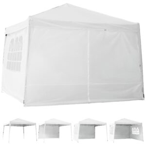 elevon 10'x10' pop up canopy with sidewalls adjustable leg heights with wheeled carrying bag, stakes, rope and 4x weighted sand bags, white with sidewalls