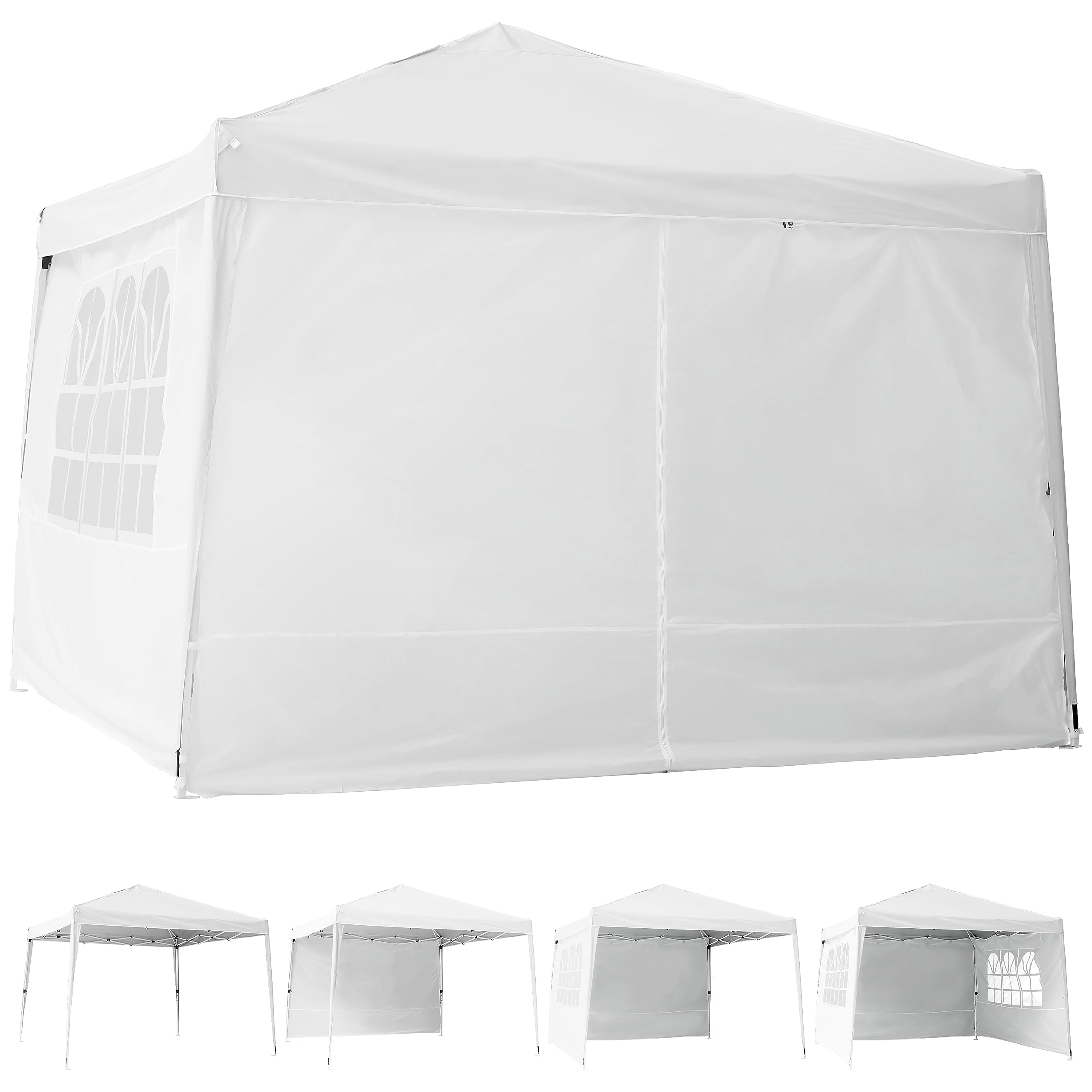 Elevon 10'x10' Pop Up Canopy with Sidewalls Adjustable Leg Heights with Wheeled Carrying Bag, Stakes, Rope and 4X Weighted Sand Bags, White with Sidewalls