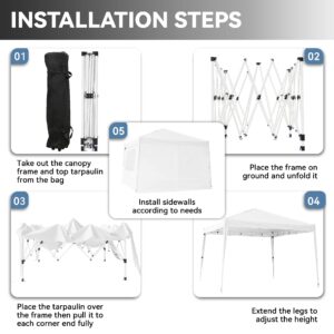 Elevon 10'x10' Pop Up Canopy with Sidewalls Adjustable Leg Heights with Wheeled Carrying Bag, Stakes, Rope and 4X Weighted Sand Bags, White with Sidewalls