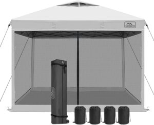 kampkeeper outdoor 10'x10' pop up screened canopy tent with netting mesh walls,4 sandbags,1 roller bag (white vented top