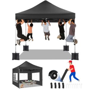 tooluck 10x10 pop up canopy commercial heavy duty canopy tent with 4 sidewalls easy up outdoor party tent instant canopy all season windproof & waterproof gazebo with roller bag,black(frame thickened)