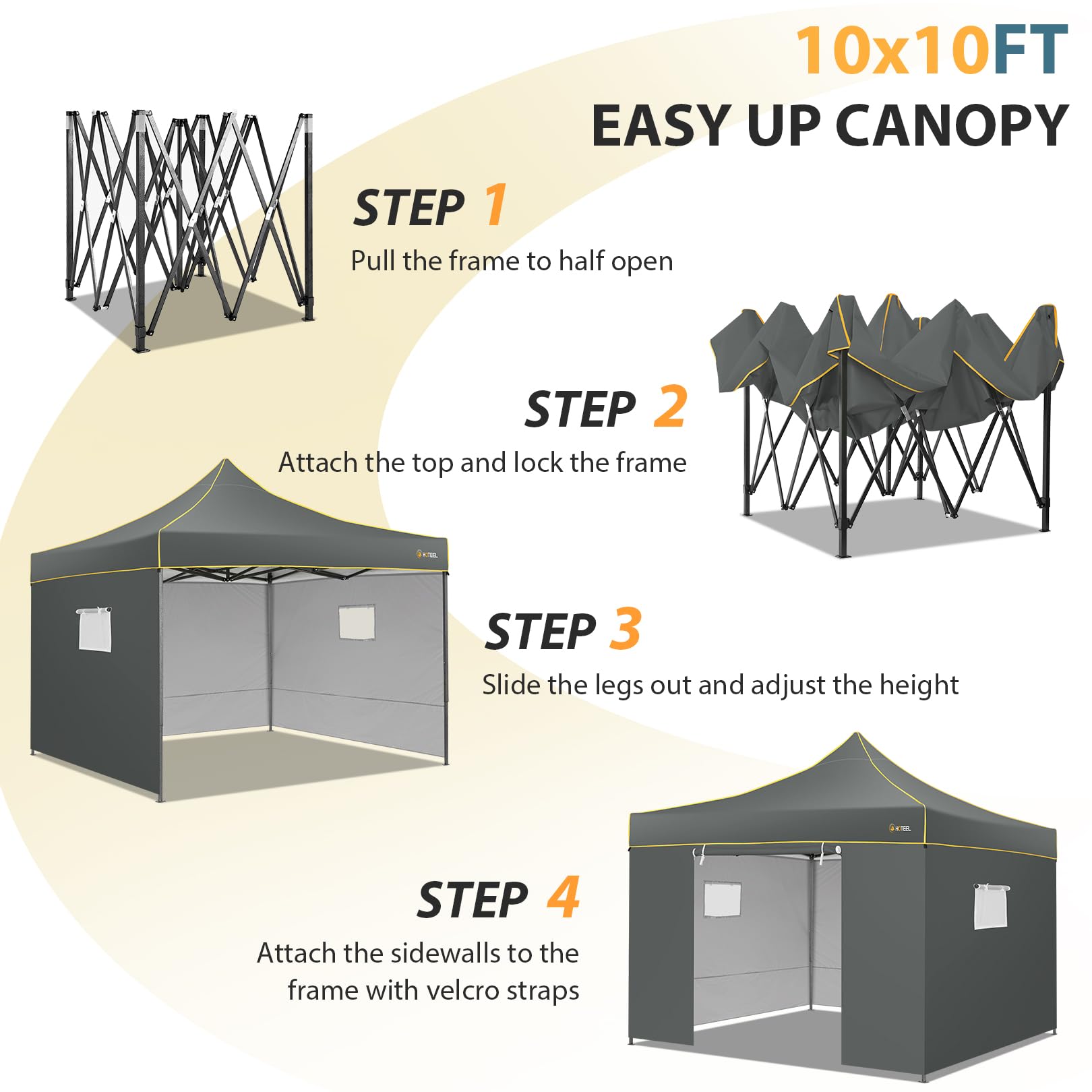 HOTEEL Canopy Tent 10x10 Pop Up Canopy, Ez Up Canopy with Sidewalls Waterproof & UPF 50+, Heavy Duty Commercial Instant Craft Fair Tent for Party, Event, Vendor, Farmer Market (Grey)