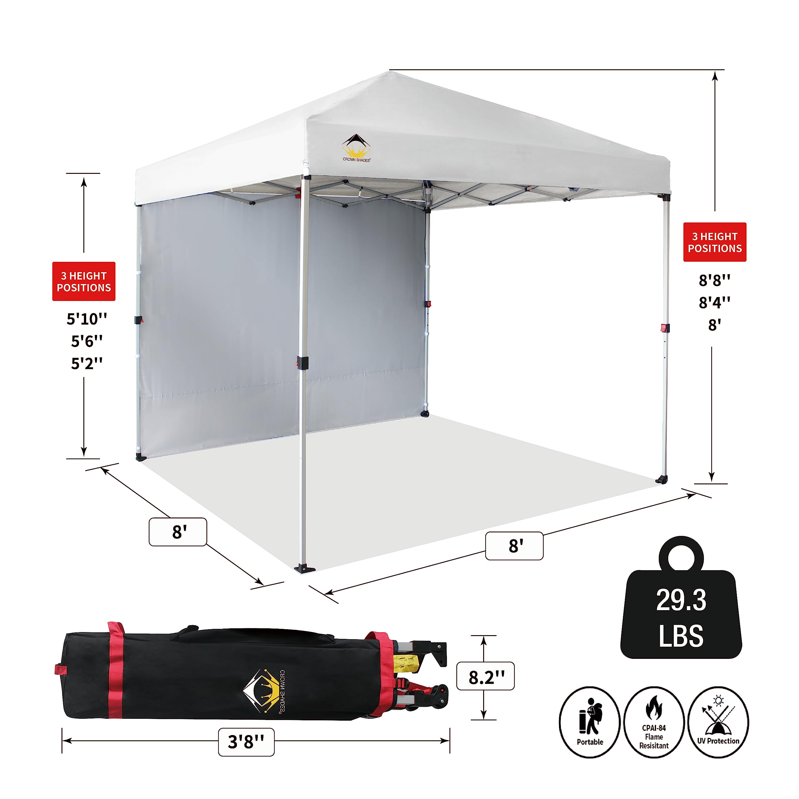 CROWN SHADES Canopy Tent 8x8 Pop Up Canopy Outdoor Shade with One Sidewall, Easy Up Sun Shelter with One Person Set Up Center Lock, Portable Instant Camping Beach Canopy Tents, White